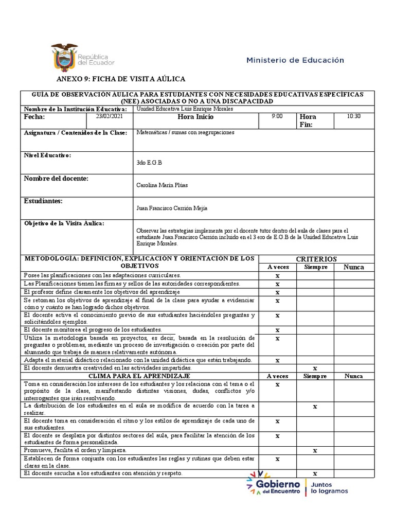 Anexo 9 Ficha de Visita Aúlica | PDF | Maestros | Salón de clases