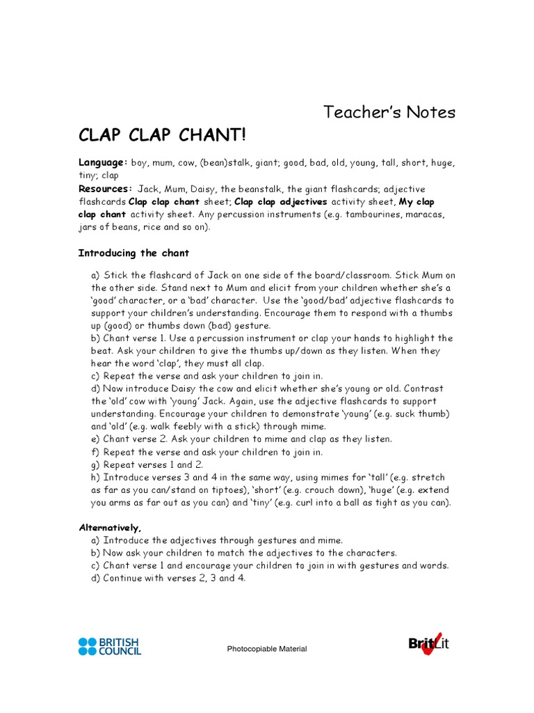 Clap Clap Chant!: Teacher's Notes | PDF | Adjective | Linguistic Morphology