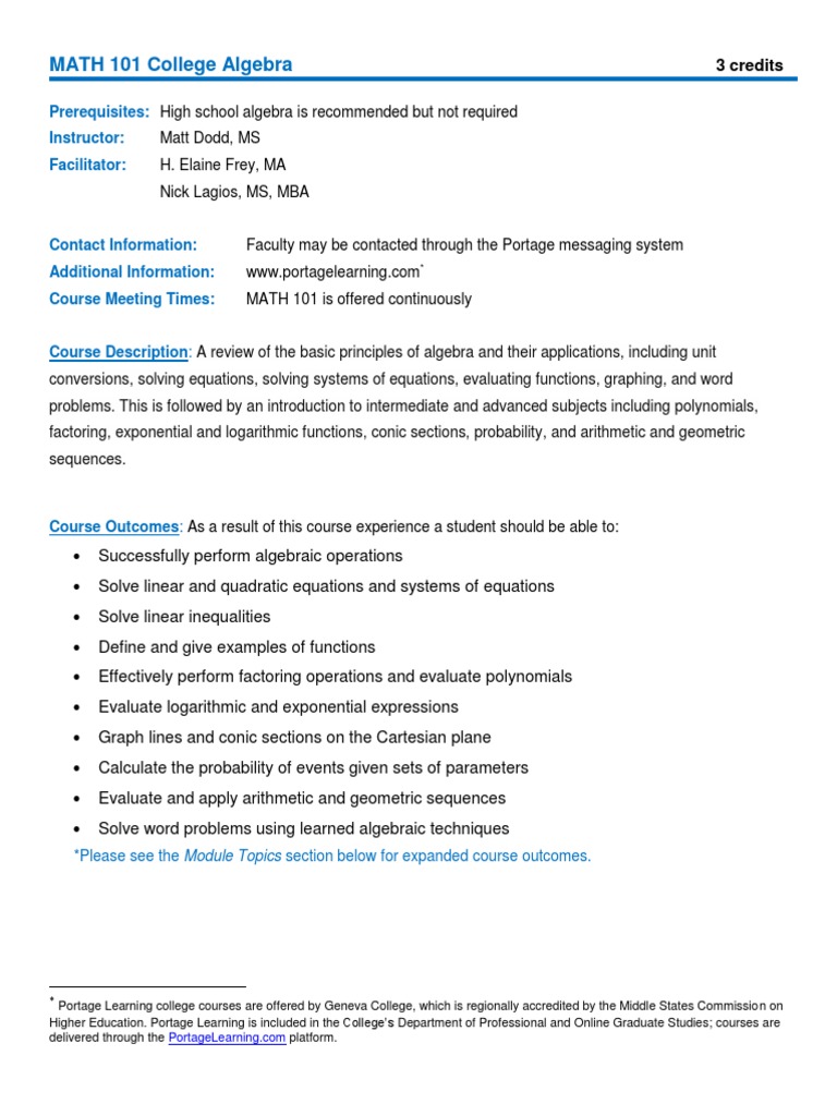 MATH 101 College Algebra: Matt Dodd, MS H. Elaine Frey, MA Nick Lagios ...