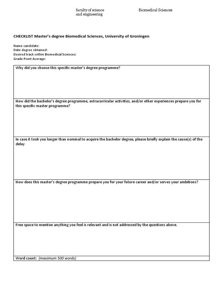 CHECKLIST Master's Degree Biomedical Sciences, University of Groningen ...