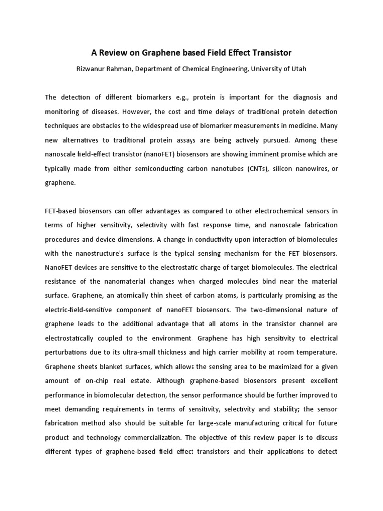 A Review On Graphene Based Field Effect Transistor | PDF | Biosensor ...