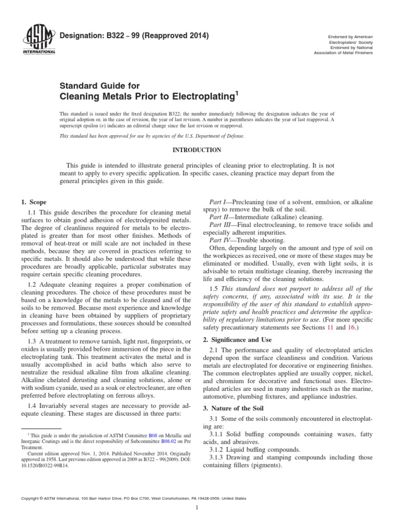 B322 - 99 - 2014 - Standar Guide For Cleaning Prior Electroplating | PDF | Soil | Solubility