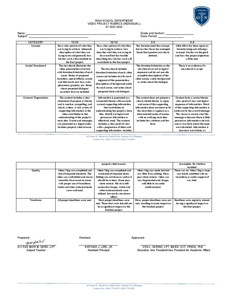 High School Video Project Rubric | PDF | Cognitive Science | Cognition