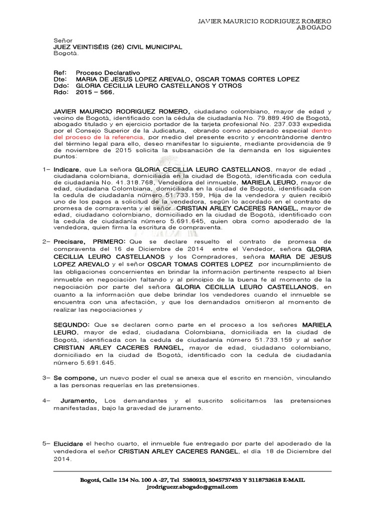 Subsanacion Demanda Tomas | PDF | Justicia | Crimen y violencia