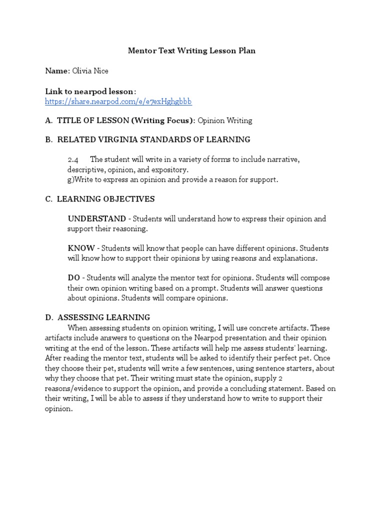 Mentor Text Writing Lesson Plan Assignment | PDF | Lesson Plan | Mentorship