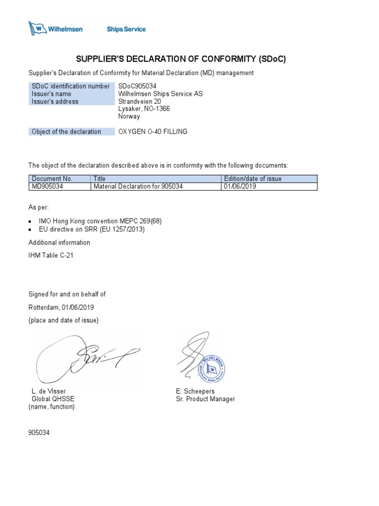 Supplier'S Declaration of Conformity (Sdoc) | PDF | Occupational Safety ...