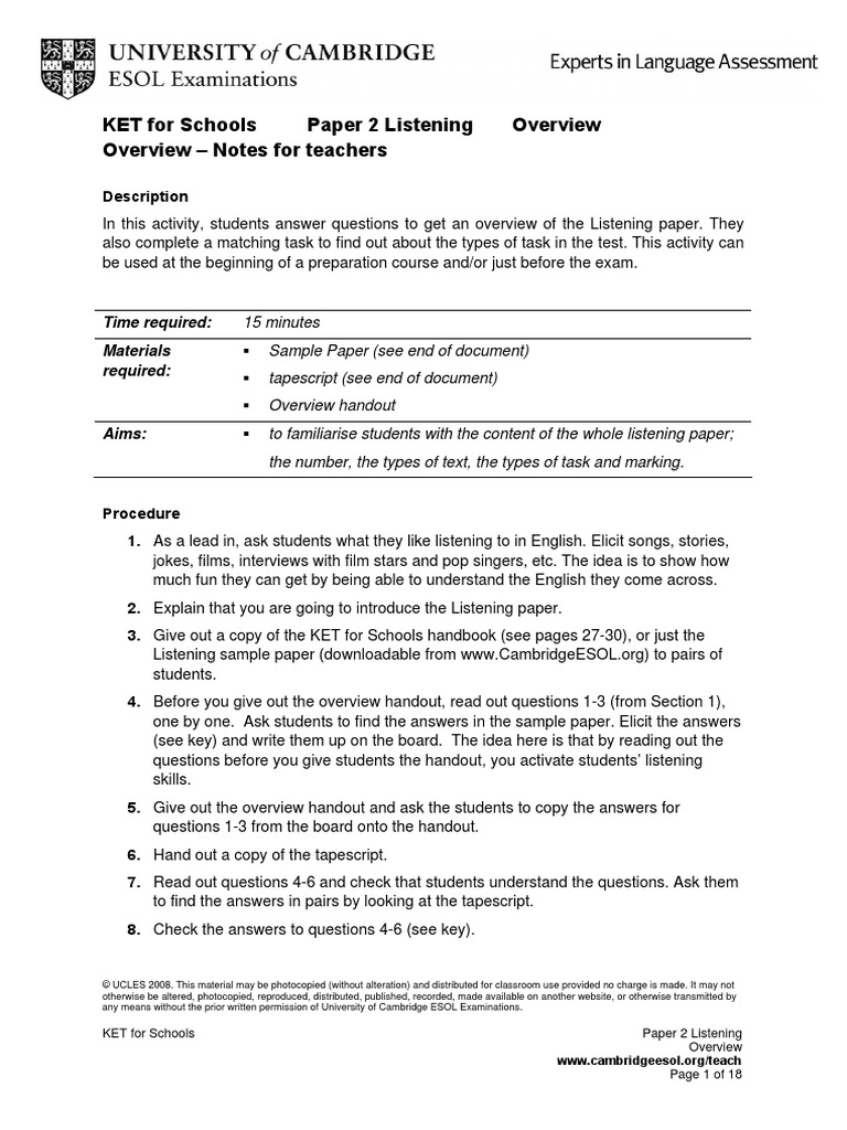 KET For Schools Paper 2 Listening Overview - Notes For Teachers | PDF ...