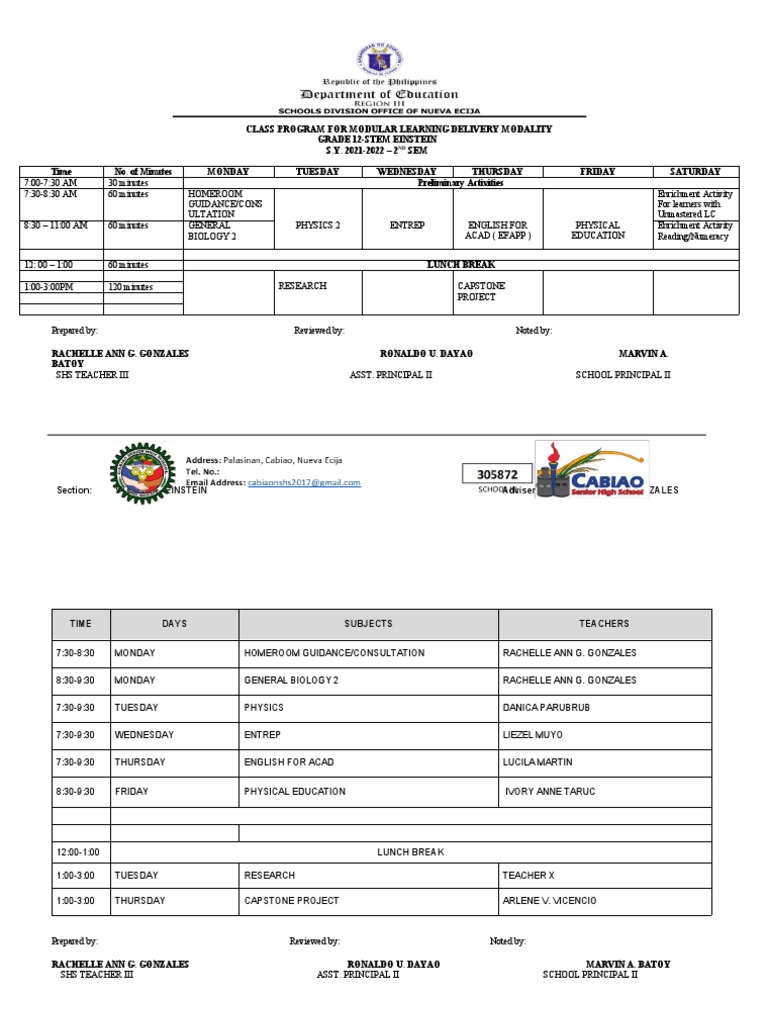 Class Program 2nd Sem | PDF | Schools