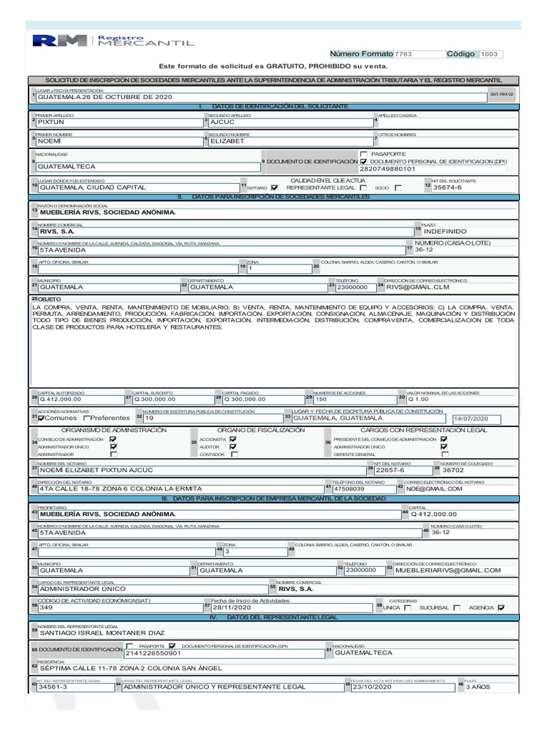 Ejemplo de Formulario de Inscripción de Sociedad Anónima | PDF | Guatemala | Empresas