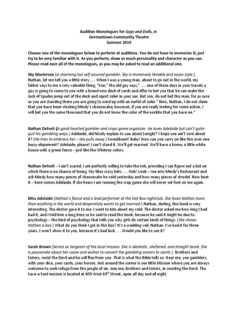 Audition Monologues For Guys and Dolls | PDF
