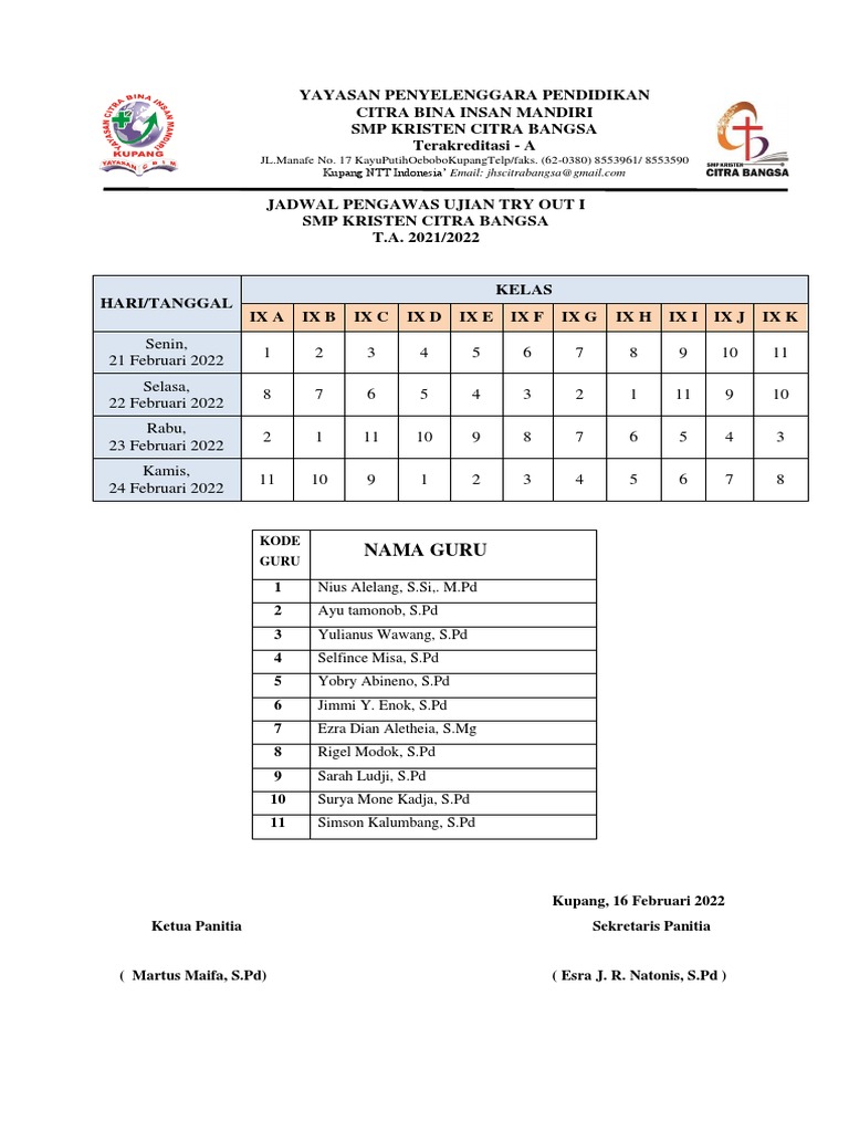 Jadwal Pengawas TryOut | PDF