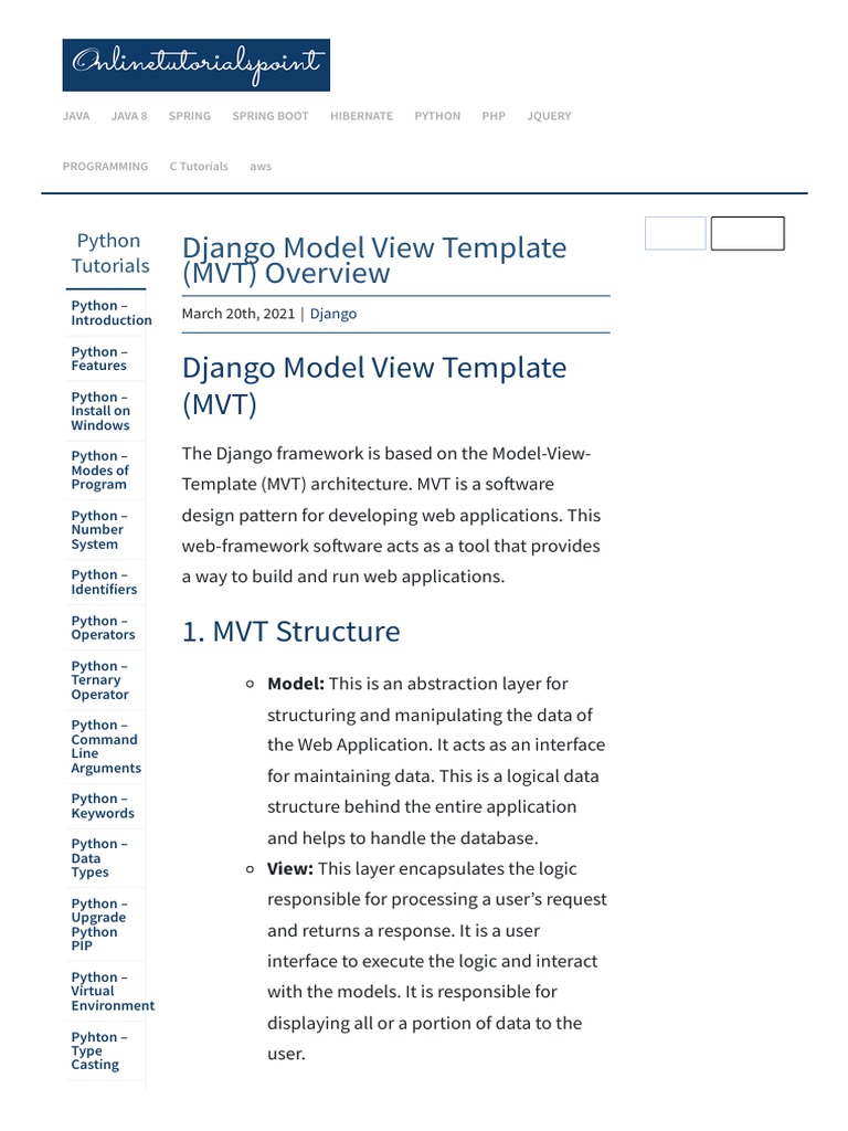 Django Model View Template (MVT) Overview - Onlinetutorialspoint | PDF | Python (Programming ...