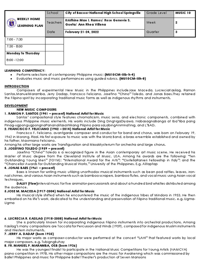 WHLP g10 Music q3 Week 2 | PDF | Performing Arts | Musical Compositions
