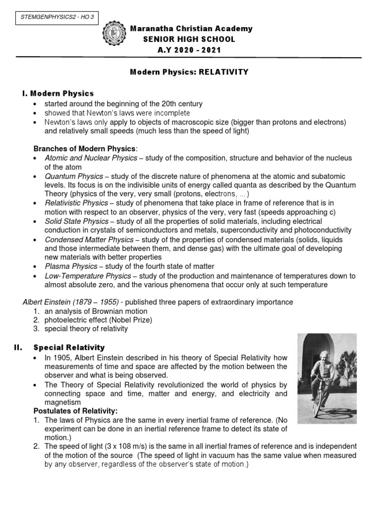 Senior High School A.Y 2020 - 2021 Modern Physics: RELATIVITY I. Modern ...