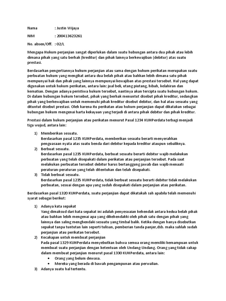 Hukum Perjanjian Antara Kreditur Dan Debitur | PDF