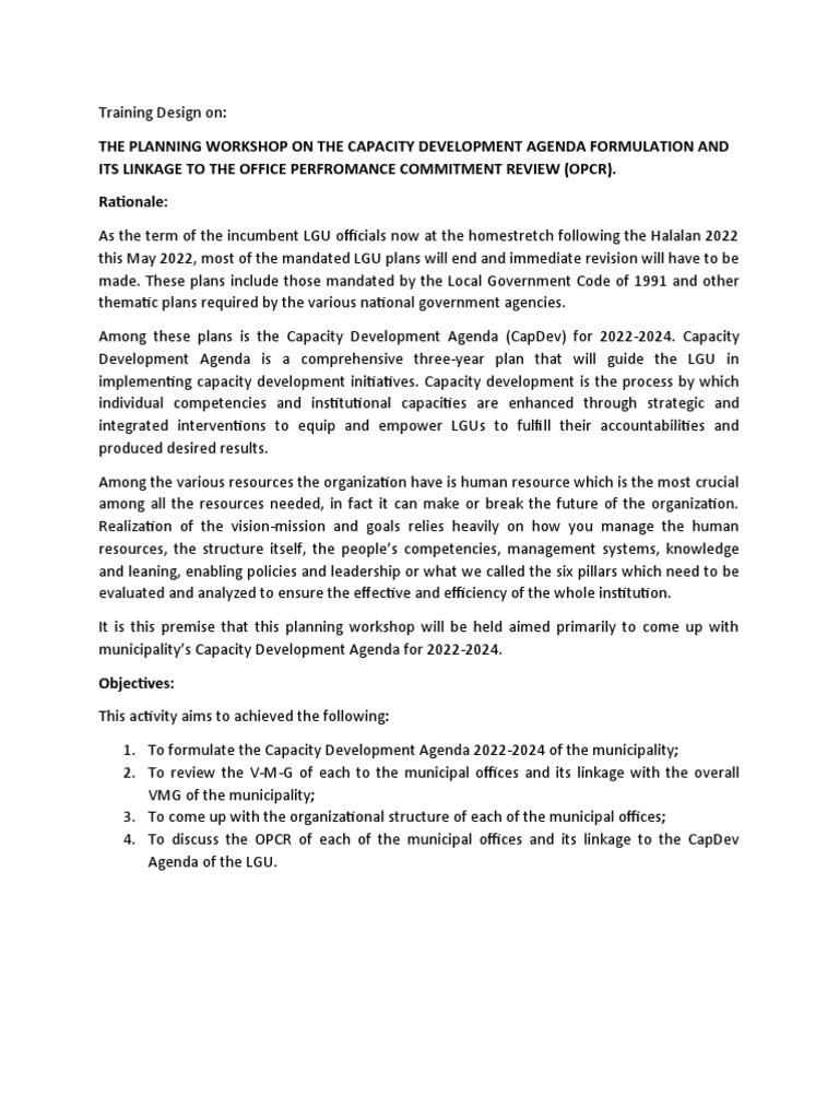 Training Design on-CapDev | PDF | Capacity Building | Leadership