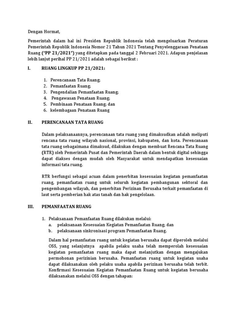 Summary PP Nomor 21 Tahun 2021 - Penataan Ruang | PDF
