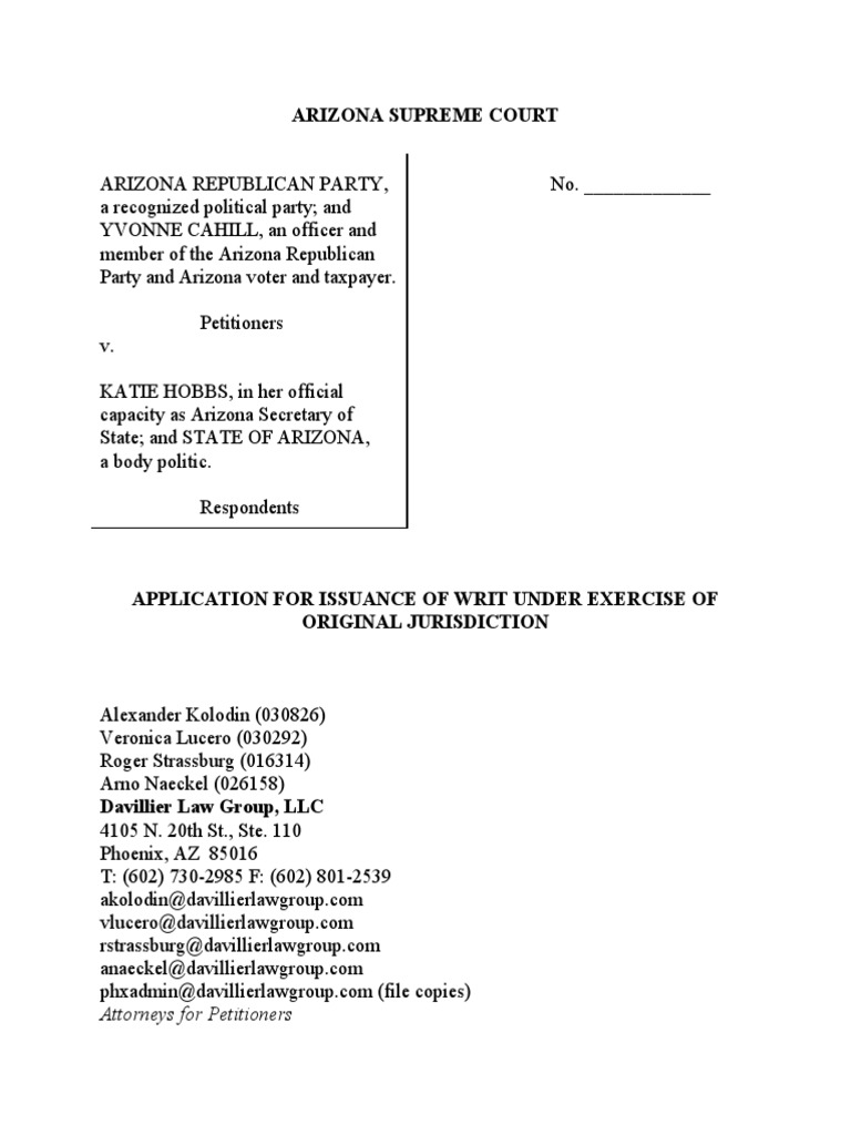 AZGOP v. Hobbs - APPLICATION FOR ISSUANCE OF WRIT UNDER EXERCISE OF ORIGINAL JURISDICTION | PDF ...