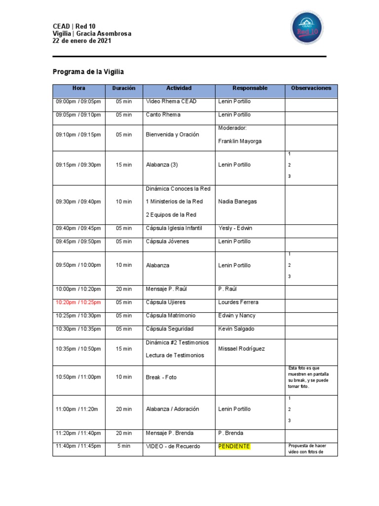 Programa Vigilia 2021 - Rhema - Rev | PDF