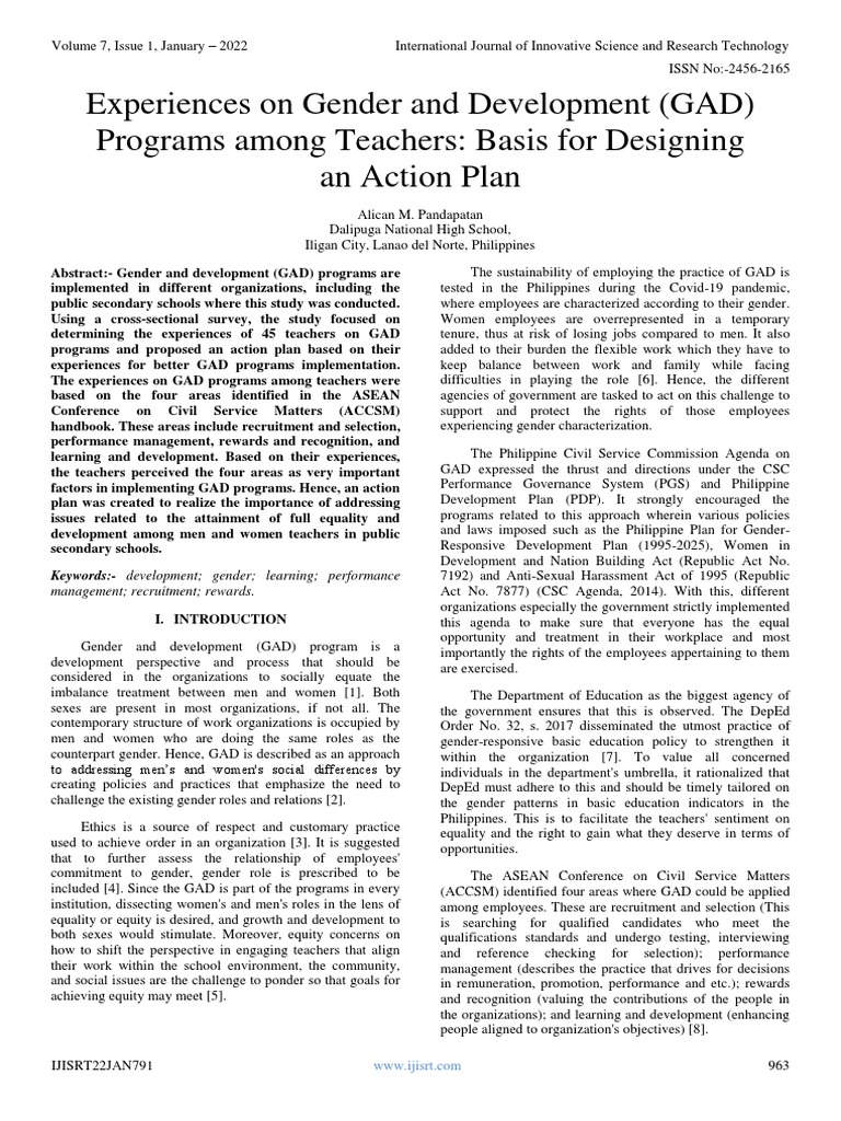 Experiences On Gender and Development (GAD) Programs Among Teachers Basis For Designing An ...