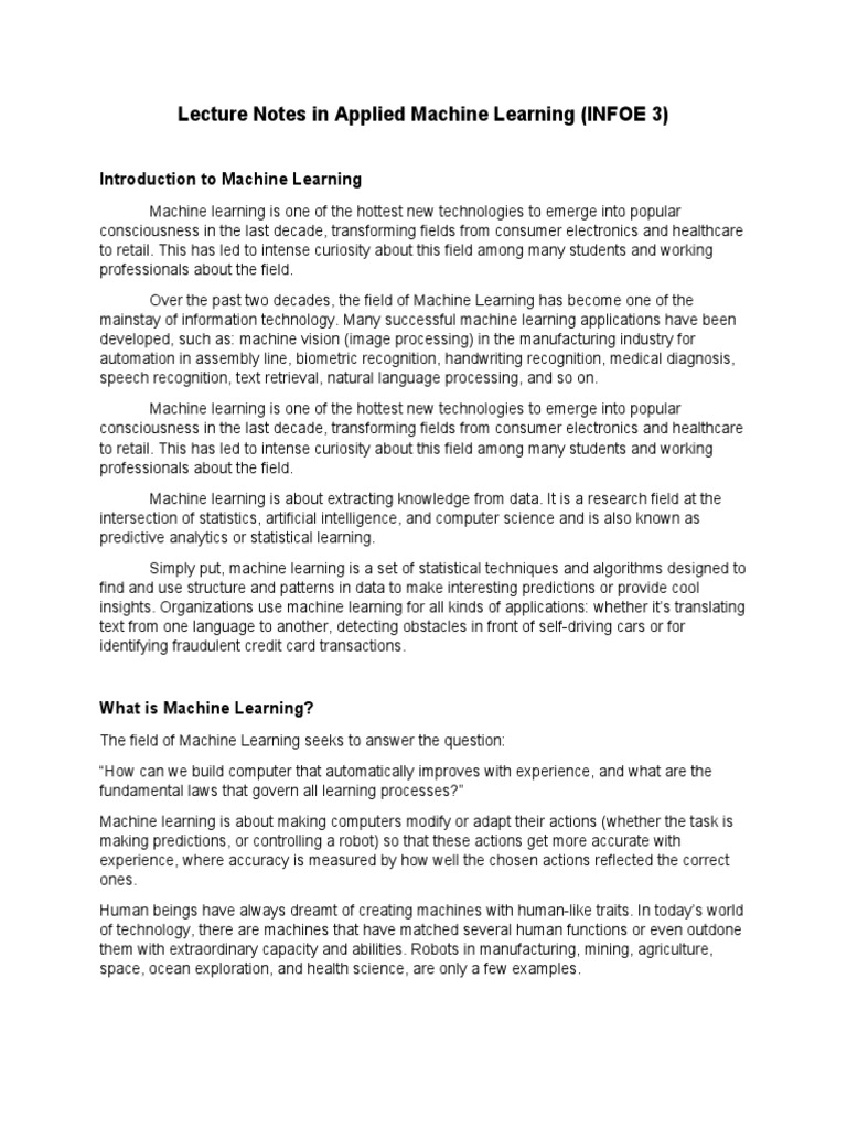 Lecture Notes In Applied Machine Learning 1 Pdf Machine Learning Intelligence Ai And Semantics 9469