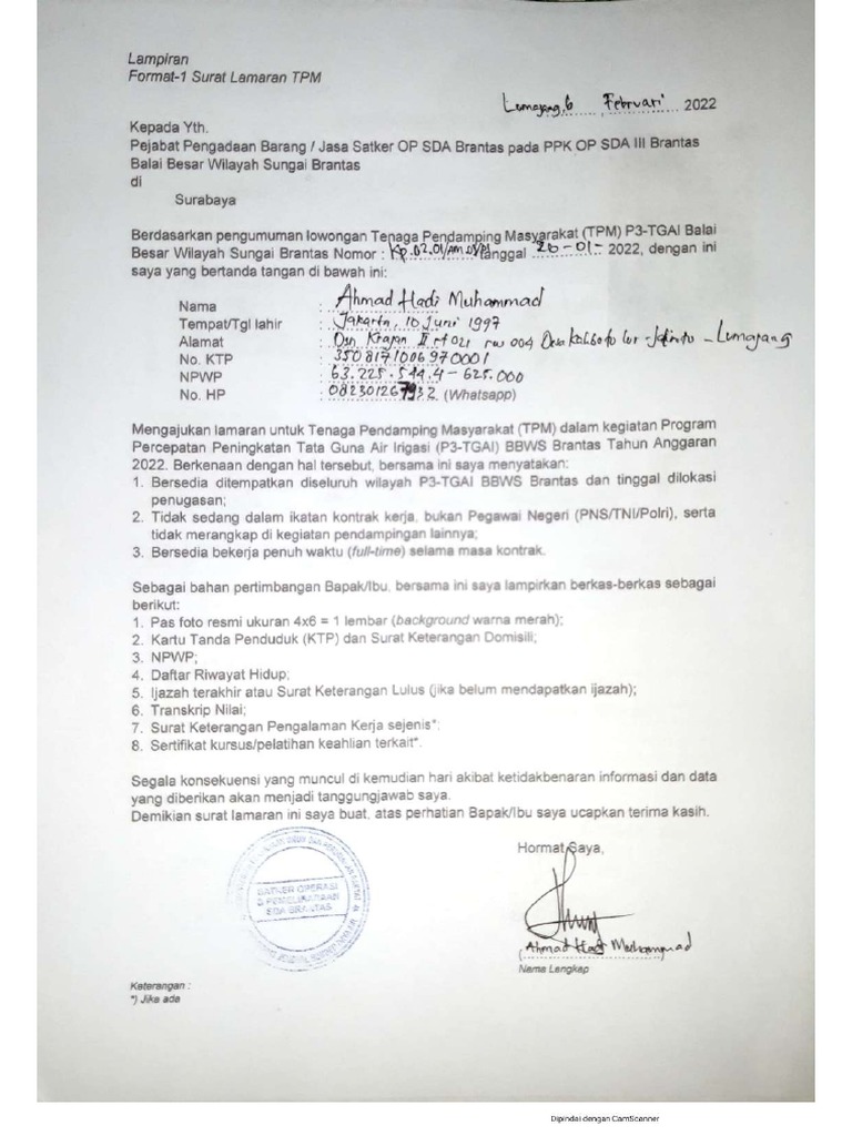 Surat Lamaran TPM - Compressed | PDF