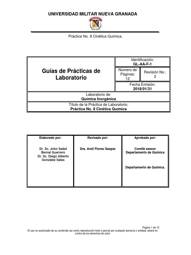 Práctica No. 8 Cinética Química 2021-I | PDF | Velocidad de reacción ...