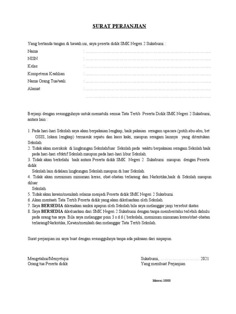 Surat Perjanjian Siswa 2021 | PDF