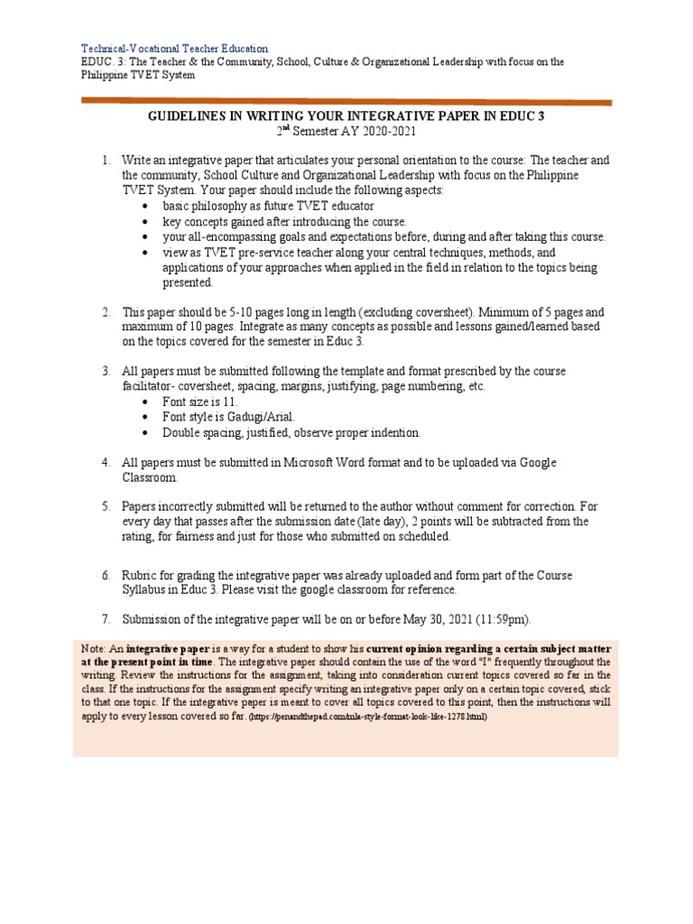 Guidelines in Writing Your Integrative Paper in EDUC 3 | PDF | Teachers ...