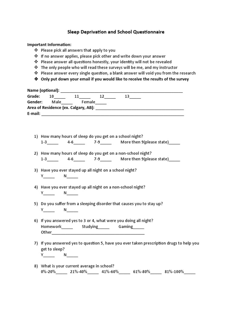 Sleep Deprivation and School Questionnaire | PDF | Abnormal Psychology ...