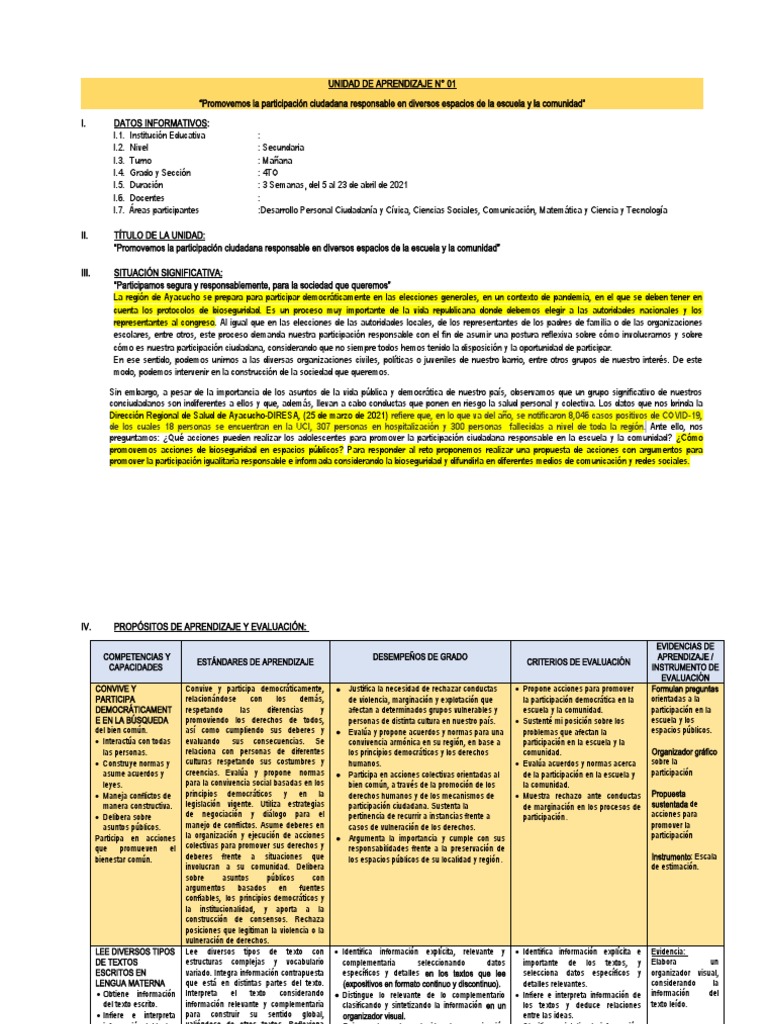 Unidad de Aprendizaje Integrado - Secundaria - 2021 | PDF | Aprendizaje | Estadísticas