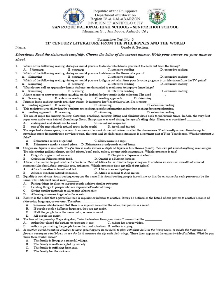 On Your Answer Sheet.: San Roque National High School - Senior High ...