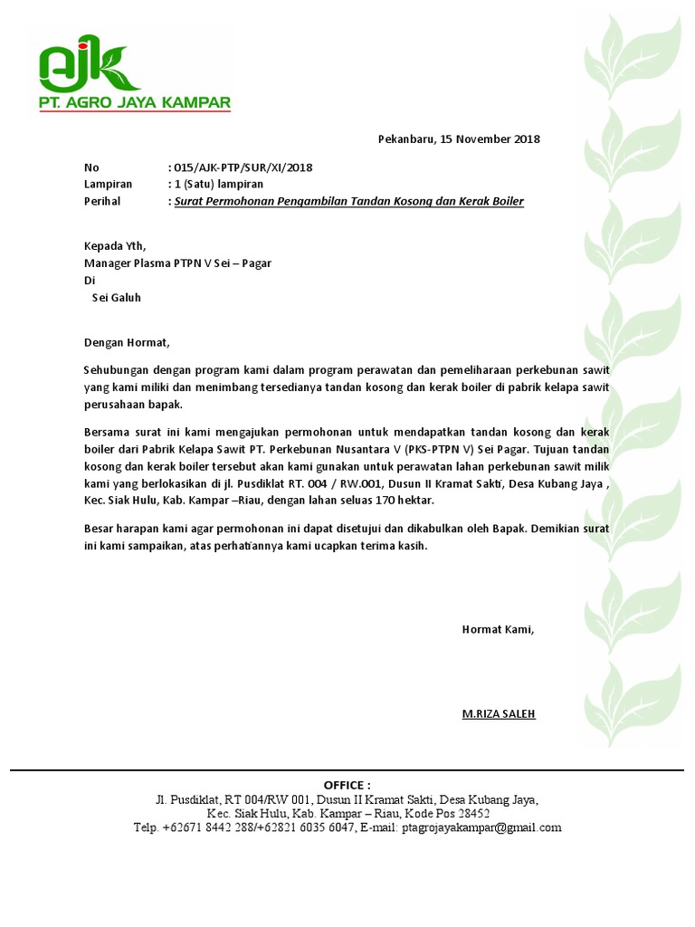 Surat Permohonan Tandan kosong-PTPN V | PDF