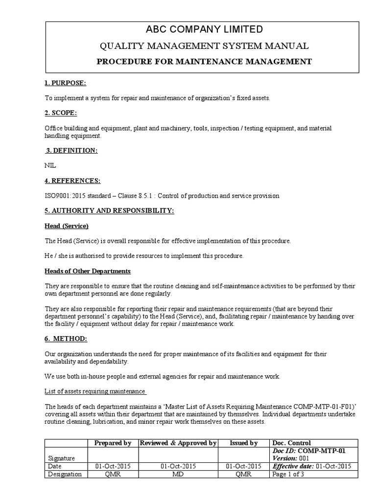 Abc Company Limited Quality Management System Manual: Procedure For ...