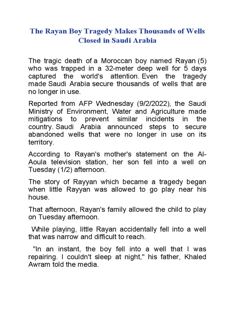 The Rayan Boy Tragedy Makes Thousands of Wells Closed in Saudi Arabia | PDF