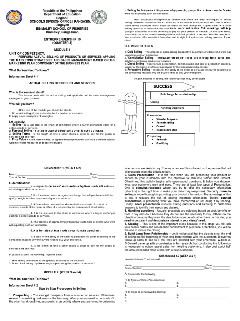 Quarter 3 Module Entrepreneurship 10 | PDF | Debits And Credits | Sales