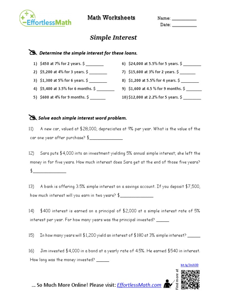 Calculating Simple Interest Rates and Depreciation Values: A Math ...