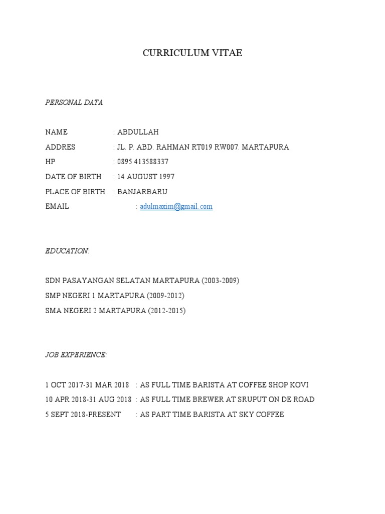CV Abdullah Martapura Barista | PDF