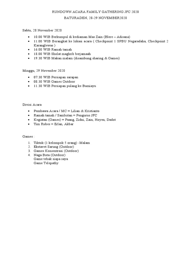 Rundown Acara Family Gathering JFC 2020 | PDF