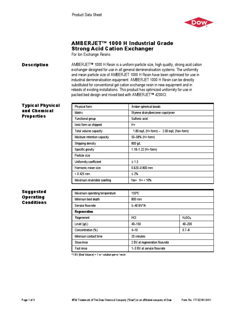 AMBERJET™ 1000 H Industrial Grade Strong Acid Cation Exchanger | PDF | Dow Chemical Company ...