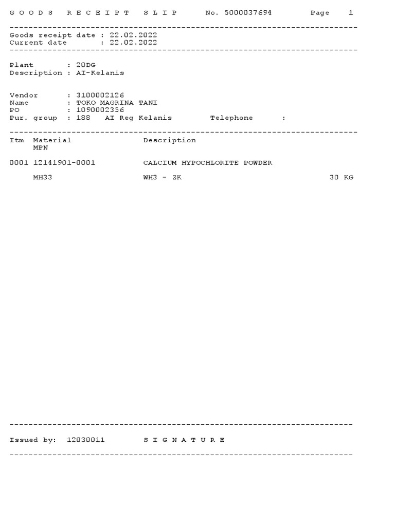 Goods Receipt Slip No. 5000037694 Summary | PDF