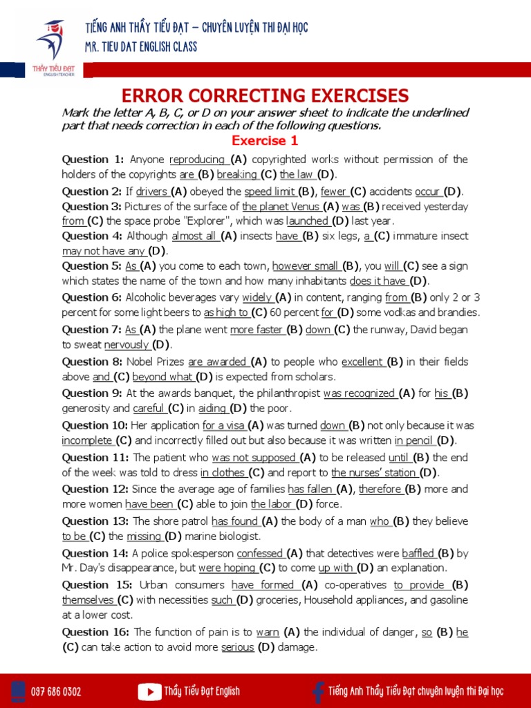 Error Correcting Exercises: Tiếng Anh Thầy Tiểu Đạt - Chuyên Luyện Thi ...