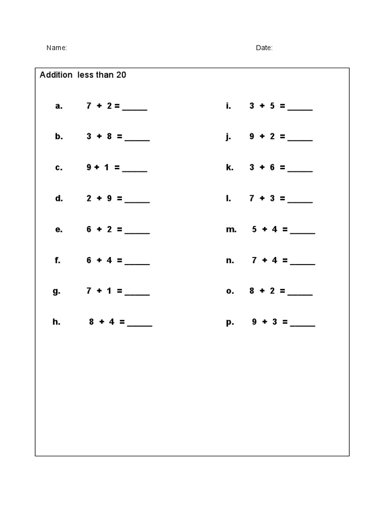 Addition Less Than 20 | PDF