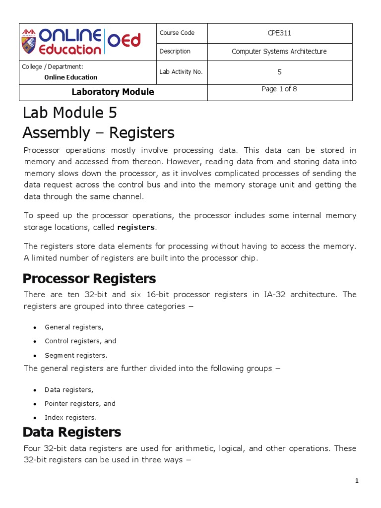 Lab Module 5 Assembly - Registers | PDF | Pointer (Computer Programming ...