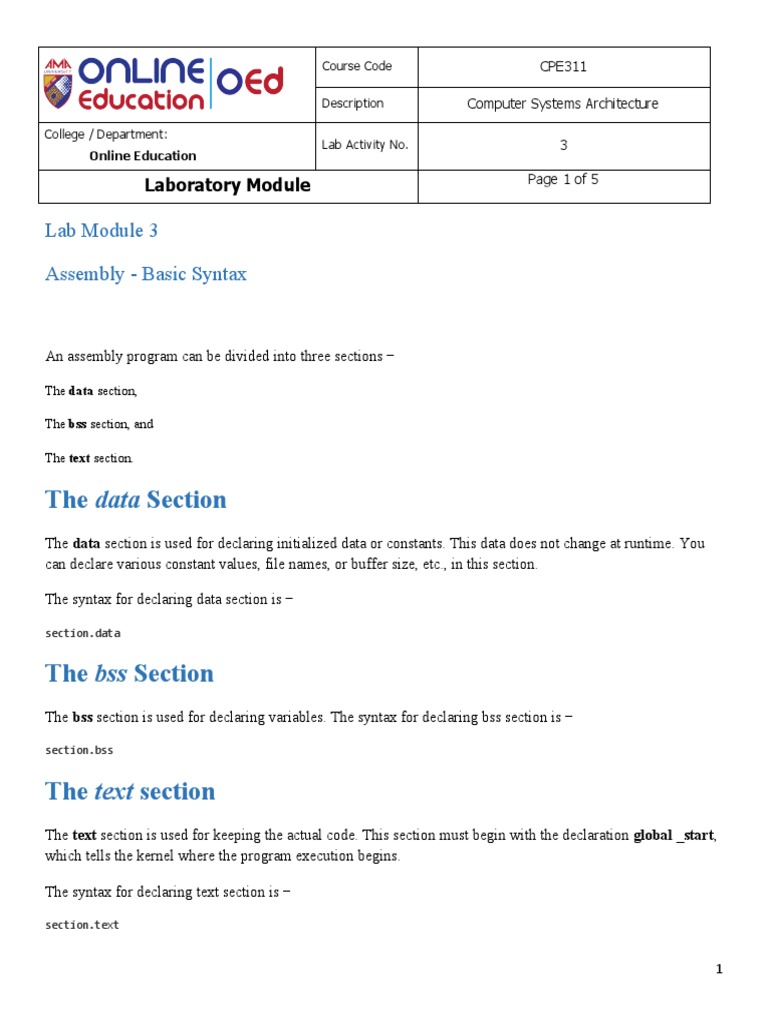 The Data Section: Lab Module 3 Assembly - Basic Syntax | Download Free ...