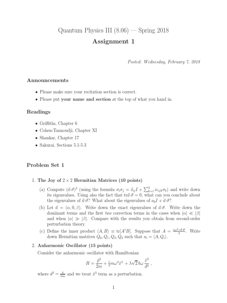 Assignment 1 Barton Zwiebach MIT | PDF | Eigenvalues And Eigenvectors | Perturbation Theory ...