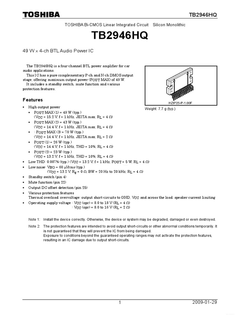 TB2946HQ: 49 W × 4-ch BTL Audio Power IC | PDF | Electricity ...