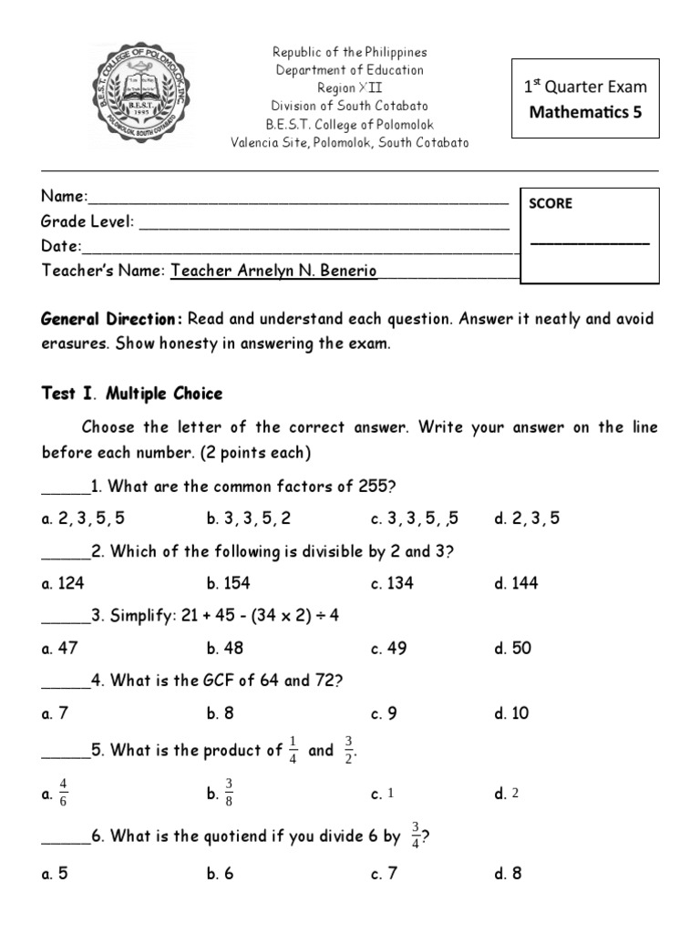 Grade 5 Exam First Quarter | Download Free PDF | Test (Assessment ...