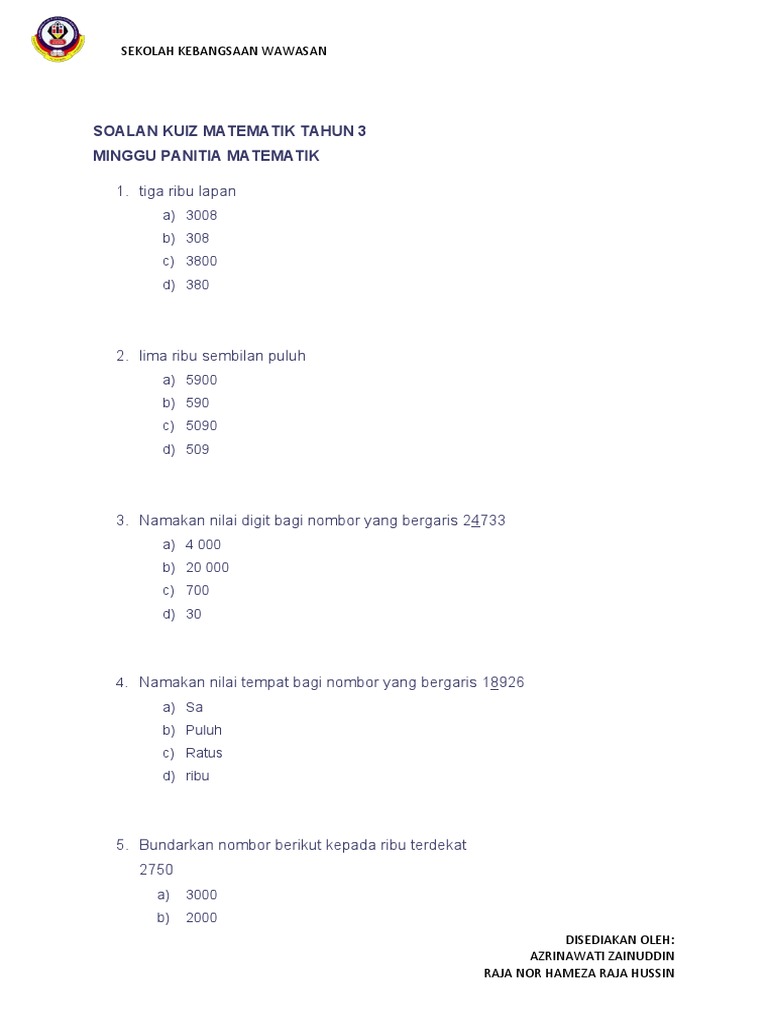 Soalan Kuiz Matematik Tahun 3 | PDF