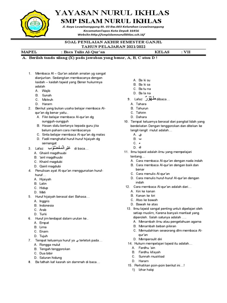 Soal PAS Ganjil BTQ Kelas 7 | PDF